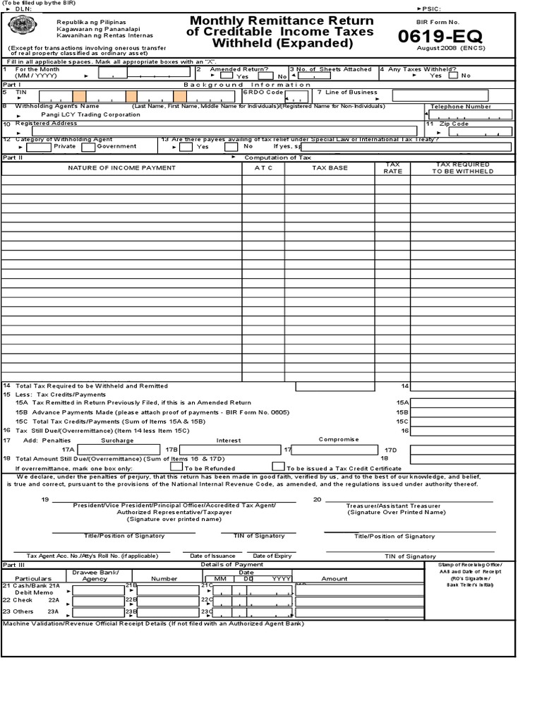 Monthly Remittance Return of Creditable Income Taxes Withheld (Expanded ...