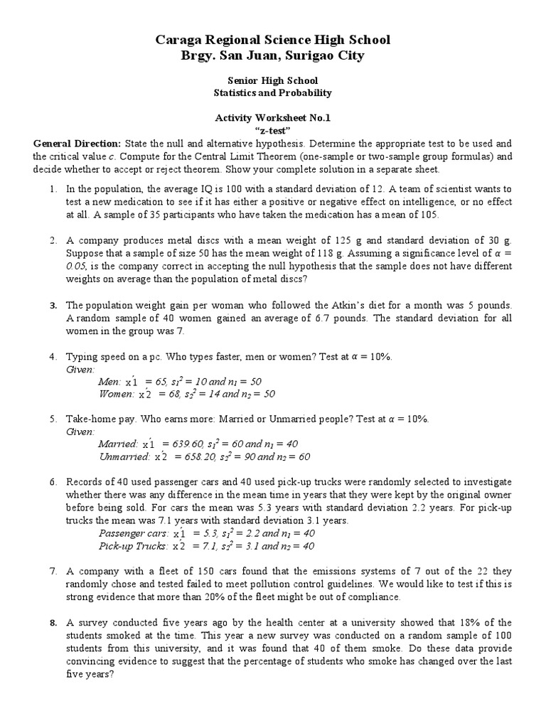 Activity Worksheet 1 Z Test | PDF | Statistics | Statistical Theory