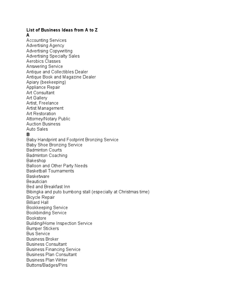 Business Lisy From A TO Z | PDF | Retail | Business