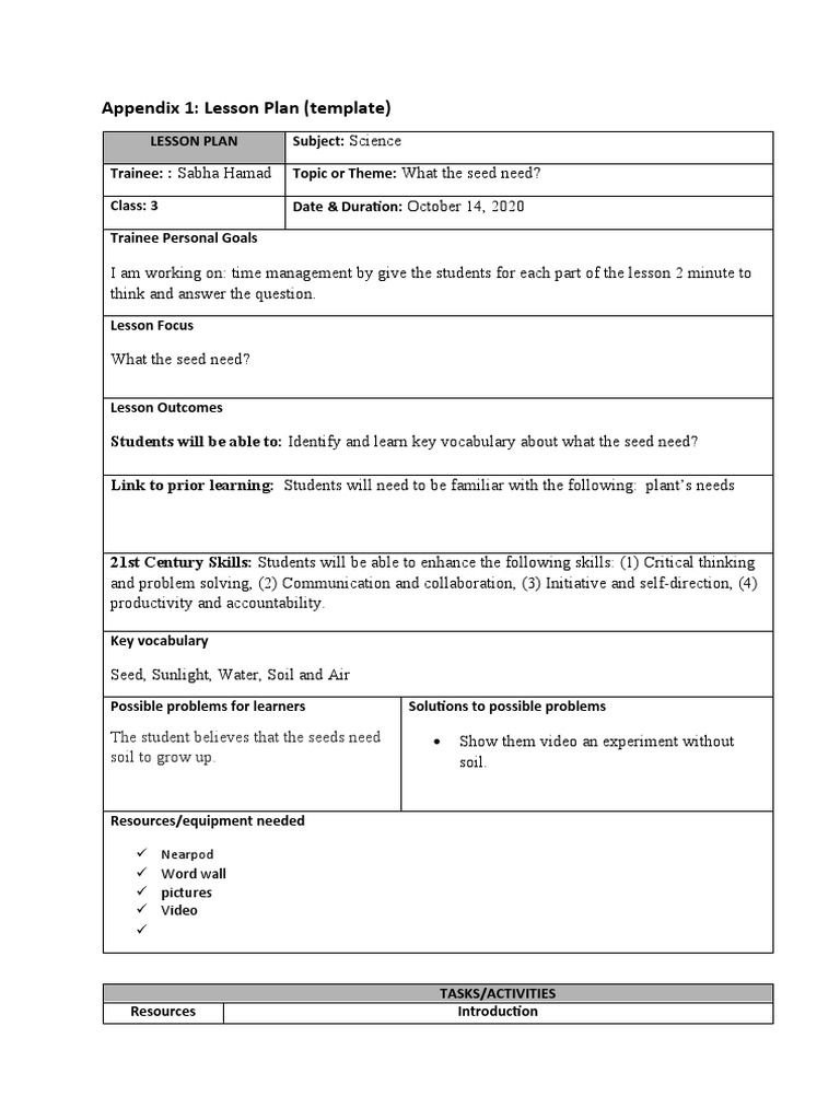 Lesson Plan What The Seed Need Pdf Lesson Plan Neuropsychology