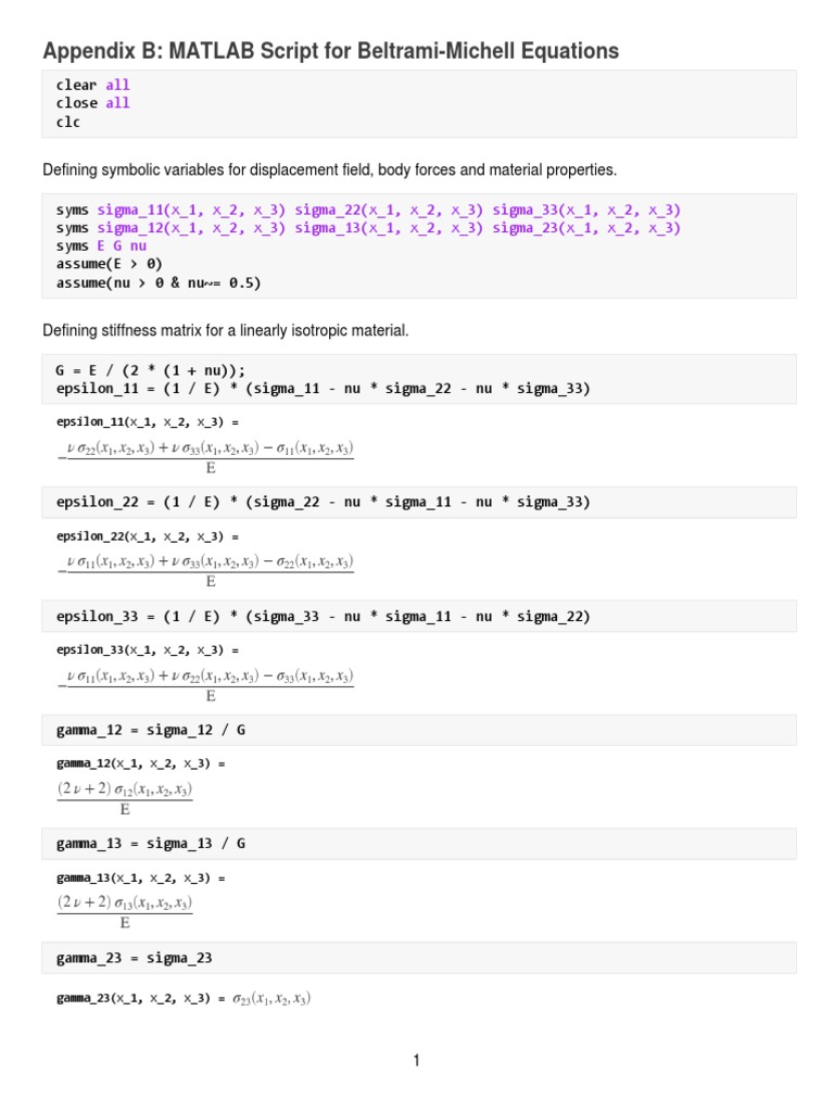 Appendix B: MATLAB Script For Beltrami-Michell Equations: All All | PDF
