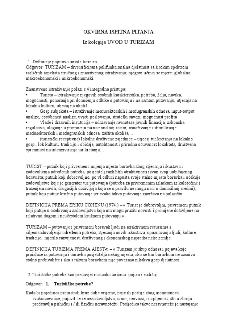 Ispitna Pitanja Iz Kolegija Uvod U Turizam | PDF