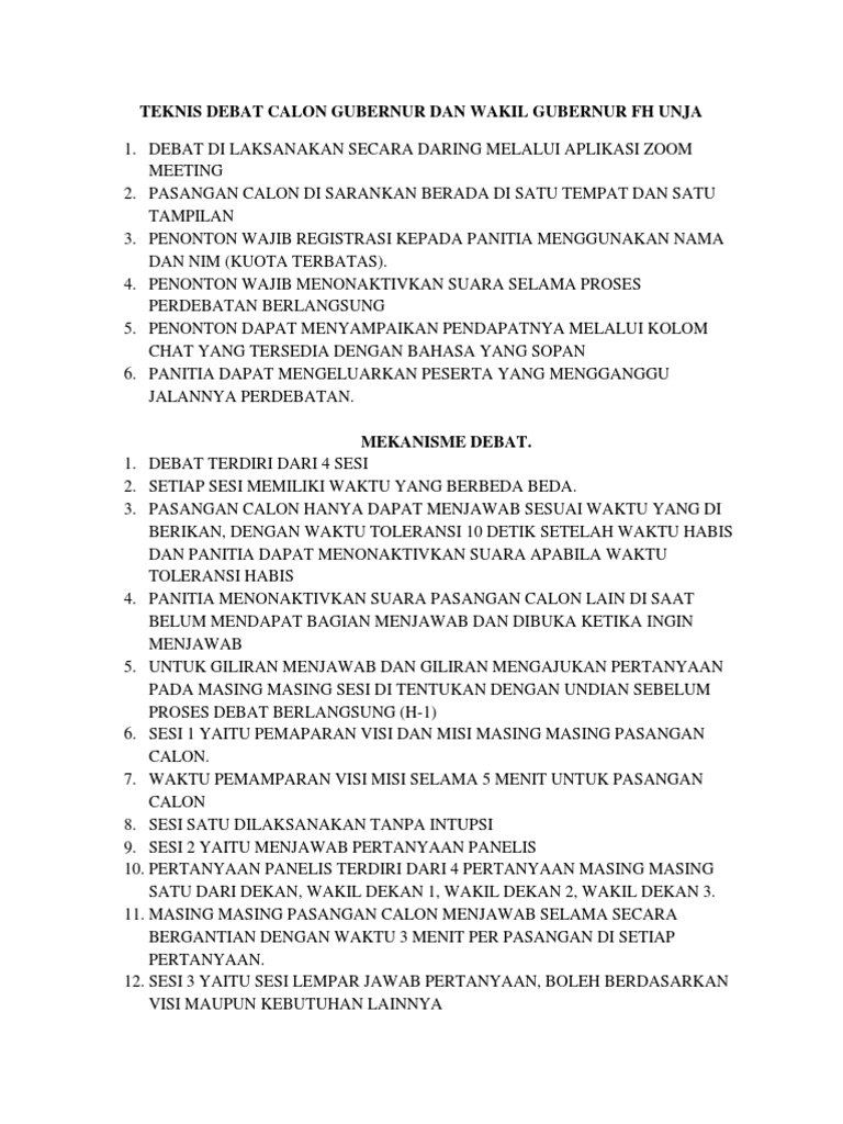 Teknis Debat Calon Gubernur Dan Wakil Gubernur FH Unja PDF | PDF