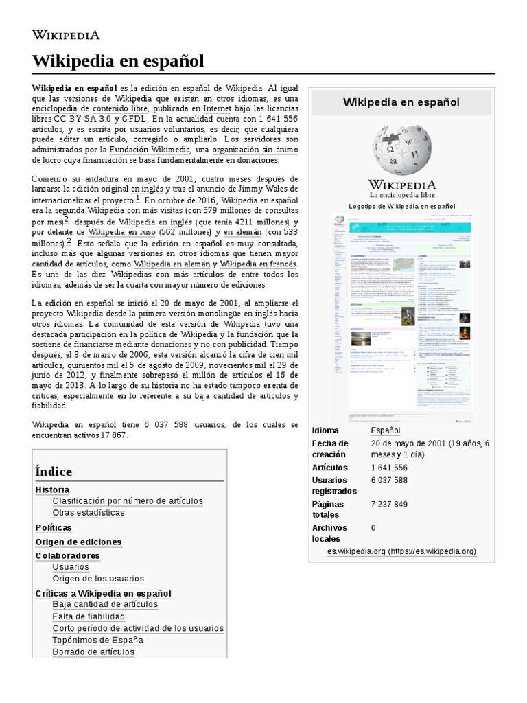 Wikipedia en Español | Descargar gratis PDF | Enciclopedias | Wikipedia