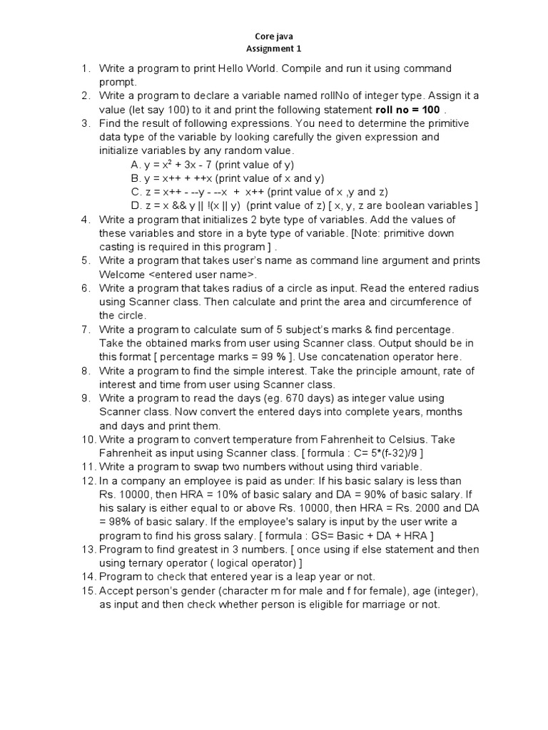 Core Java Assignment 1 Pdf Computer Program Programming 7993