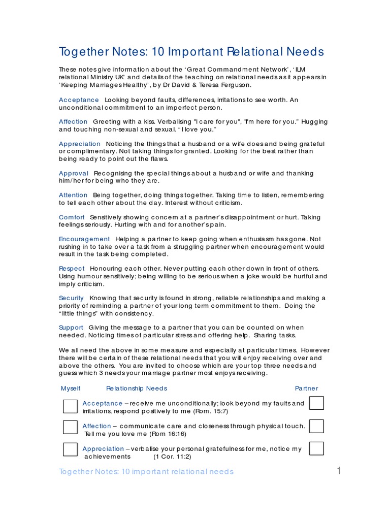 Together Notes: 10 Important Relational Needs: Acceptance Affection ...