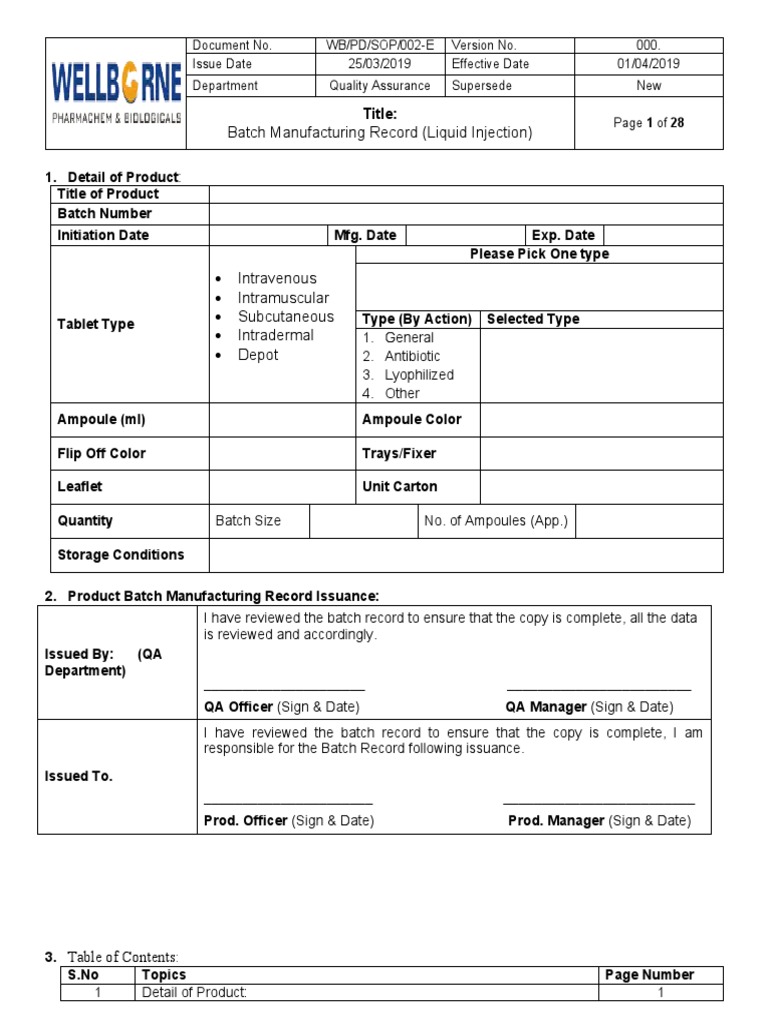 Batch Manufacturing Record for Liquid Injection Outlining Production ...