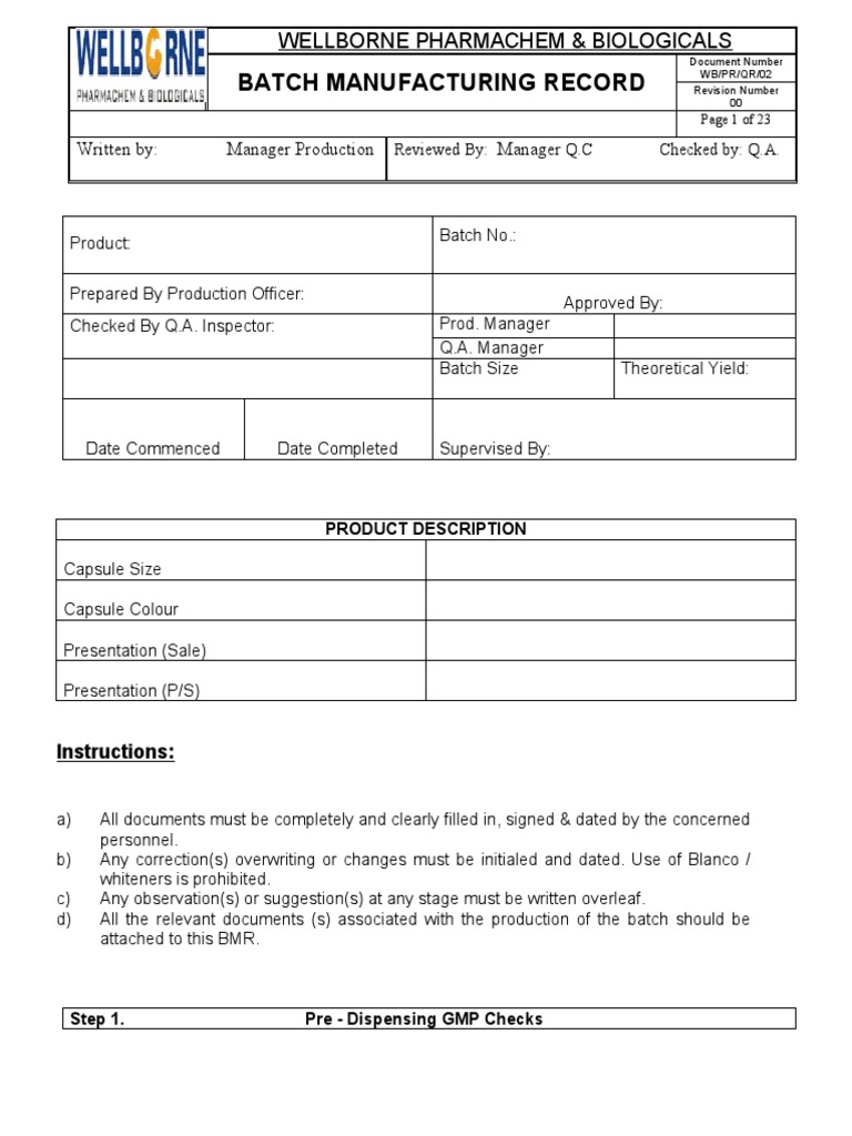 Batch Manufacturing Record: Wellborne Pharmachem & Biologicals | PDF ...
