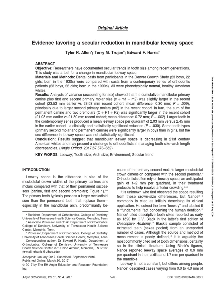 Leeway Space 1 | PDF | Human Tooth | Analysis Of Variance