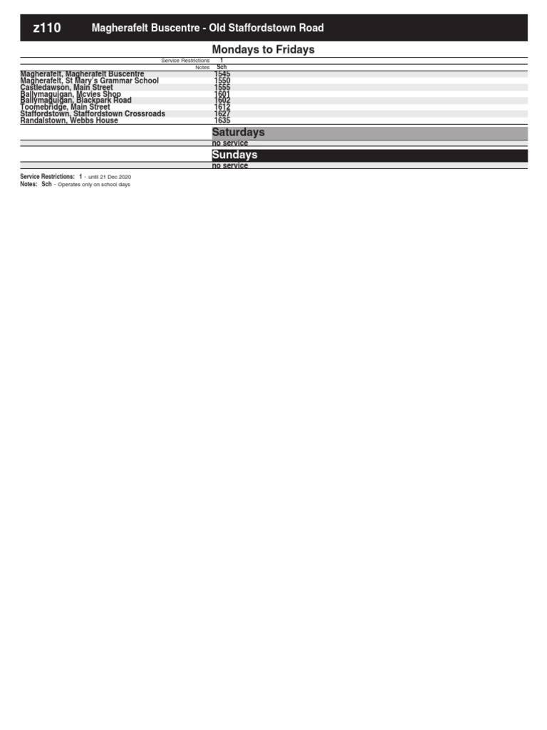 Timetable - Ulsterbus School - z110 - Magherafelt Buscentre - Old ...