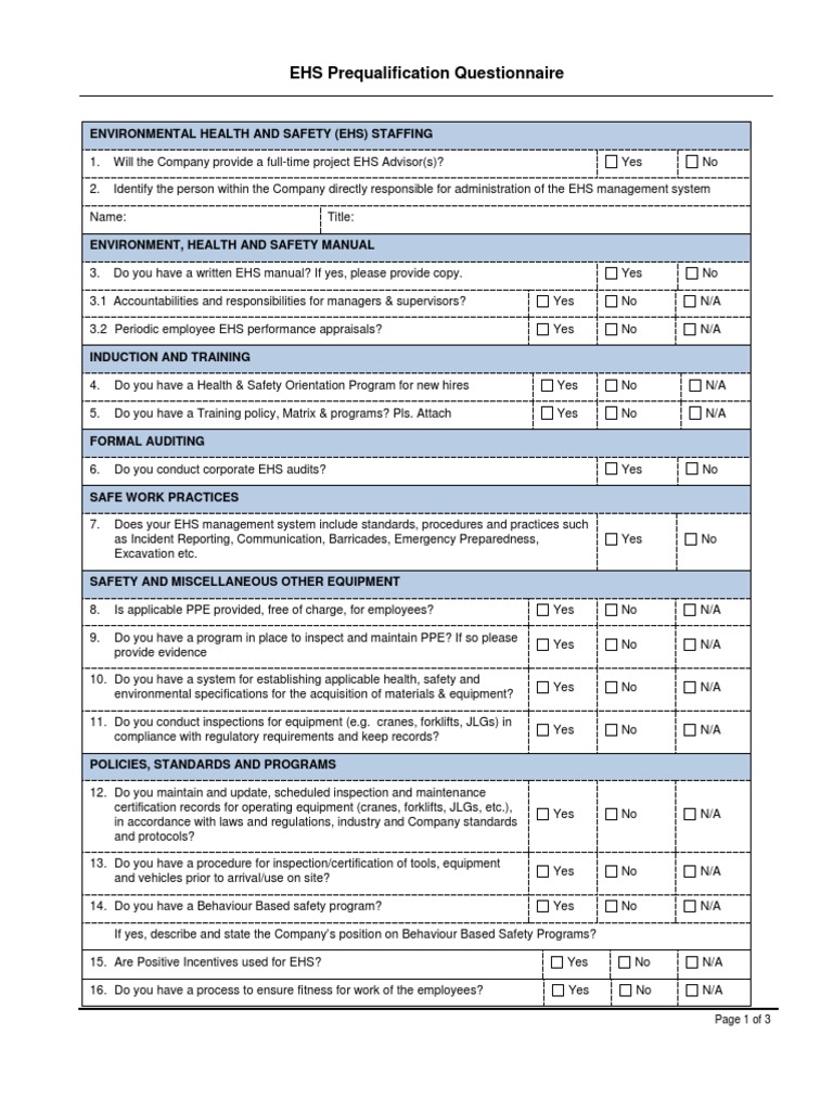 EHS Prequalification Questionnaire Template | PDF | Occupational Safety ...