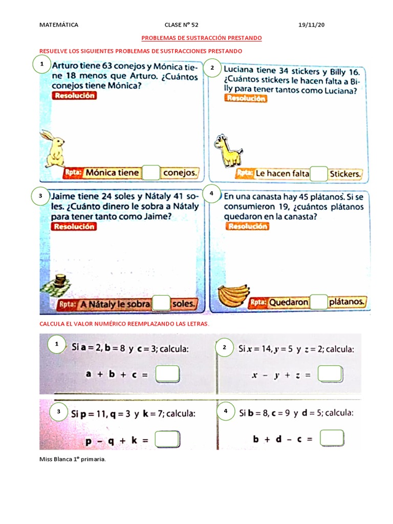 Problemas de Sustracción Prestando | PDF