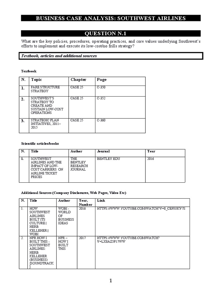 Business Case Analysis: Southwest Airlines Question N.1 | PDF ...