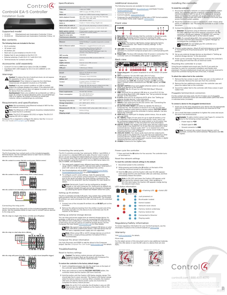 Control4 EA-5 Controller: Installation Guide | PDF | Digital Audio | Hdmi