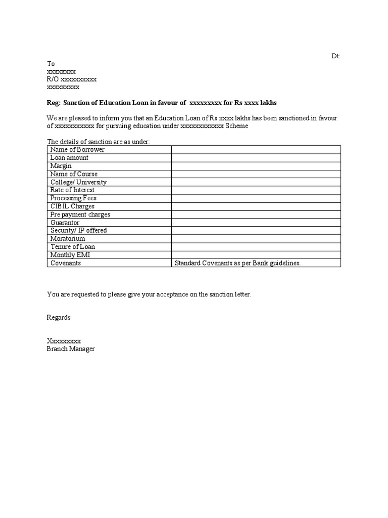 Education Loan Sanction Letter Sample | PDF | Business | Law