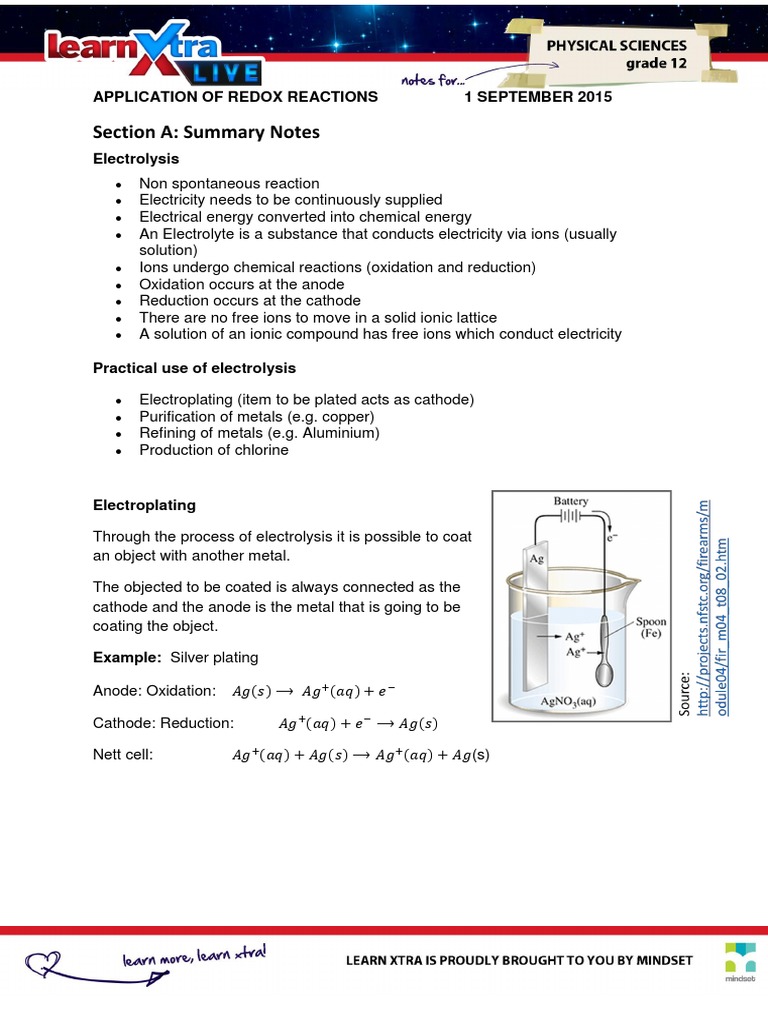 Redox Reactions and Electrolysis Explained | PDF | Science & Mathematics