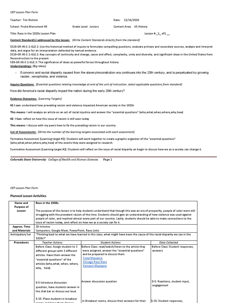 Race in The 1920s Lesson Plan | PDF | Lesson Plan | Racism