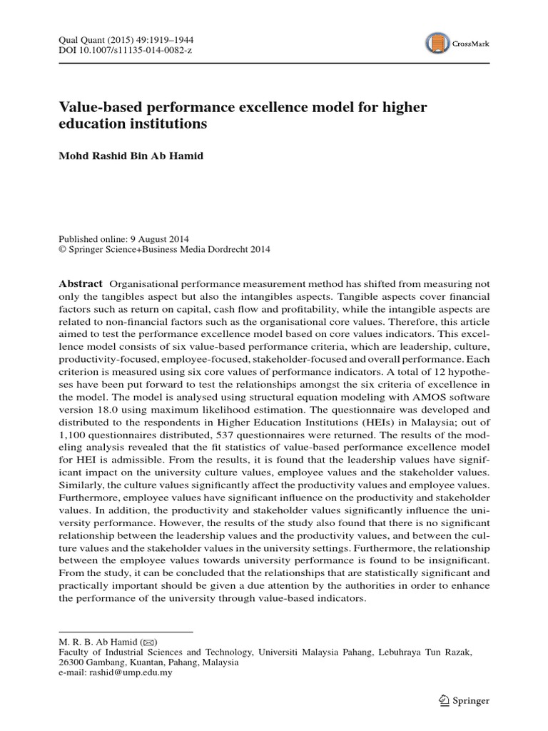 Value-Based Performance Excellence Model For Higher Education ...