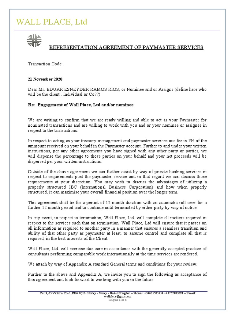 Wall Place Ltd Paymaster Agreement | PDF | Indemnity | Confidentiality