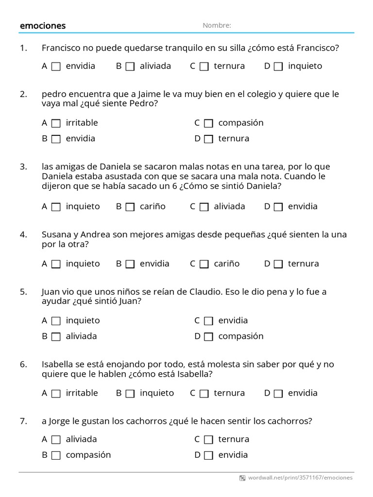 Cuestionario de Emociones para Niños | PDF