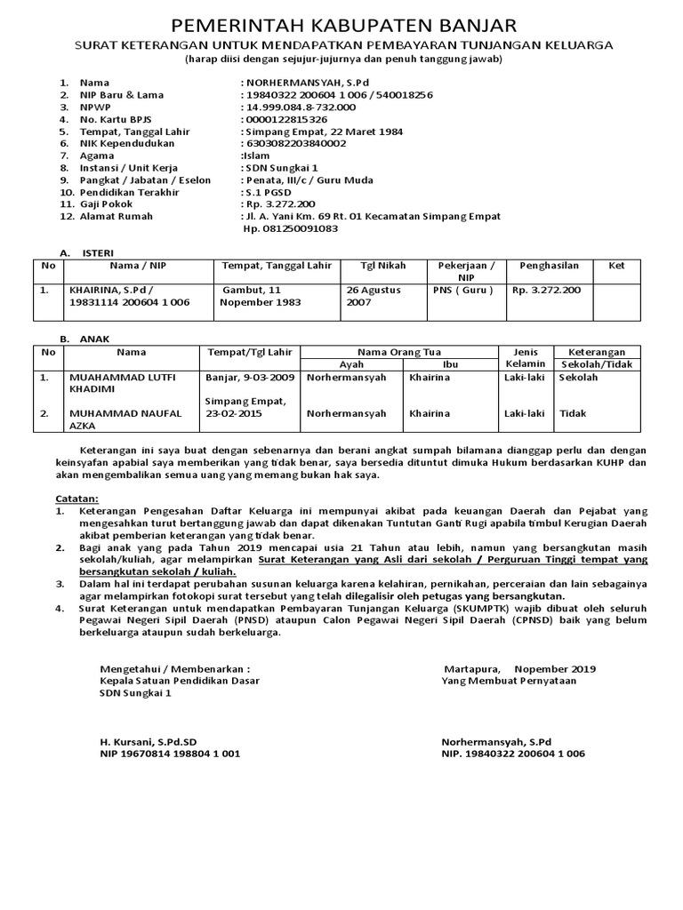 Surat Keterangan Tunjangan Keluarga PNS | PDF