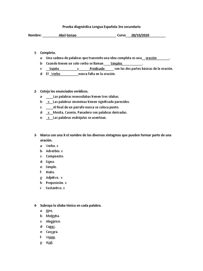 Prueba diagnóstica Lengua Española 3ro secundaria | PDF