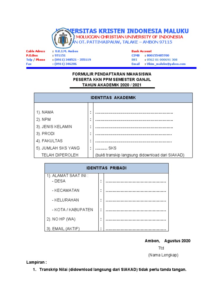 Formulir Pendaftaran KKN - 50 | PDF