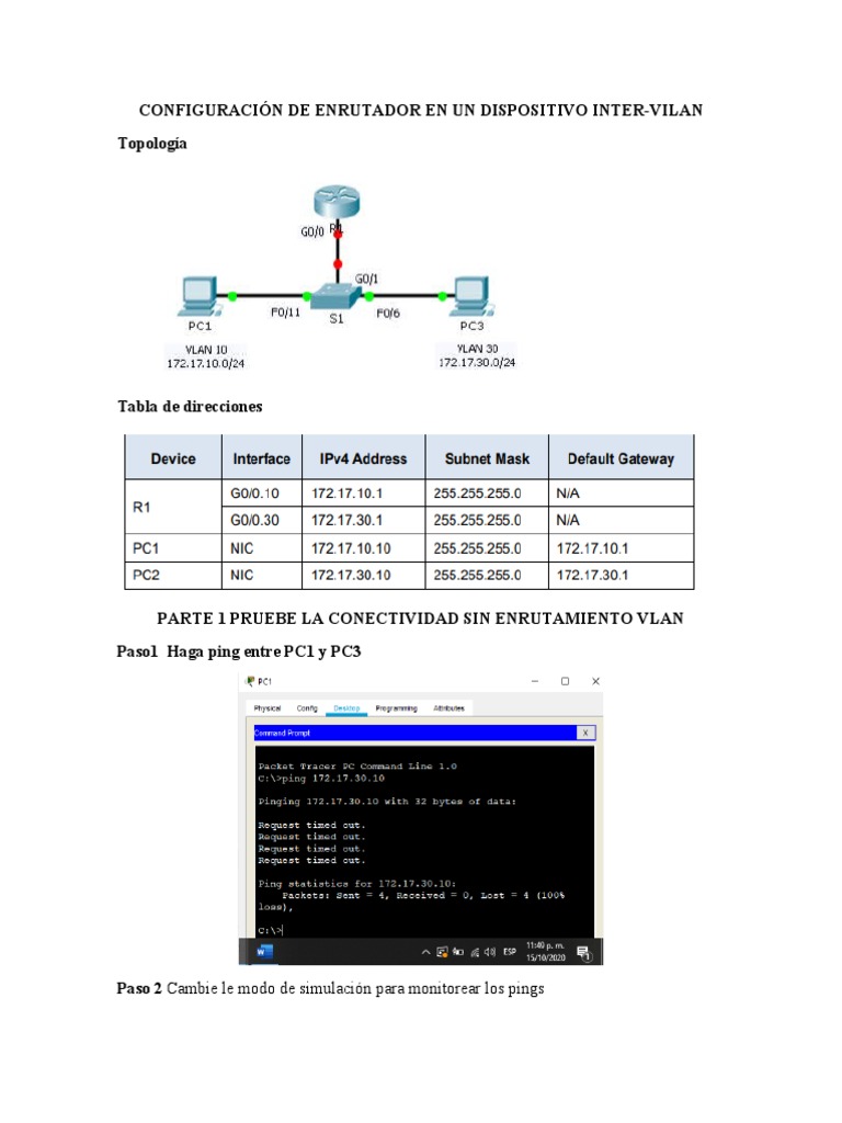 Configuración de enrutamiento VLAN y prueba de conectividad entre dispositivos en redes ...