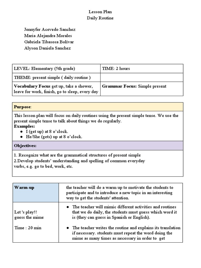 Daily Routine Lesson Plan for 5th Grade | PDF | Vocabulary | Lesson Plan