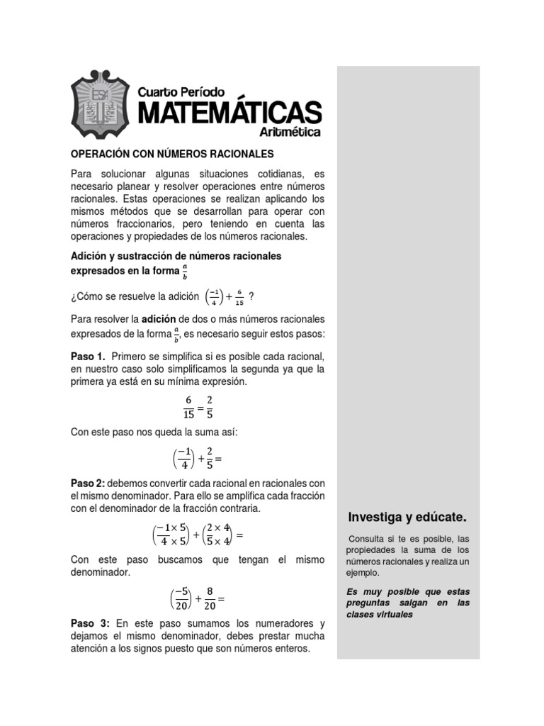 Operaciones con Números Racionales | PDF | Número racional | Fracción ...
