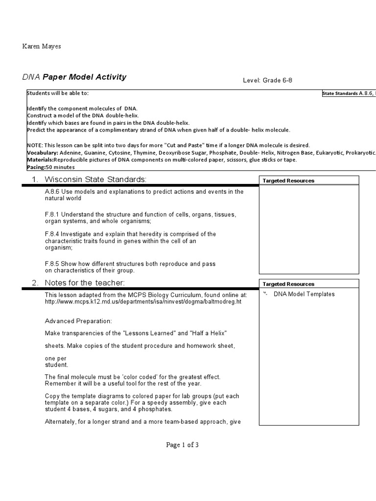 DNA Paper Model Activity: Karen Mayes | PDF | Dna | Base Pair