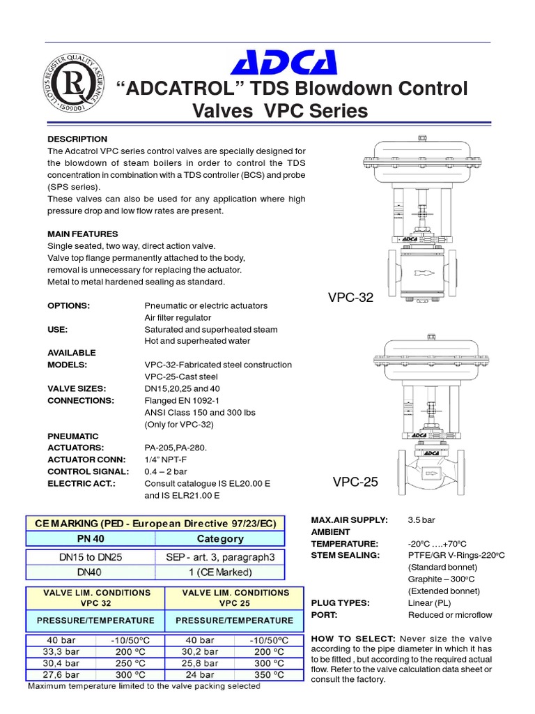 "ADCATROL" TDS Blowdown Control Valves VPC Series | PDF | Valve | Equipment