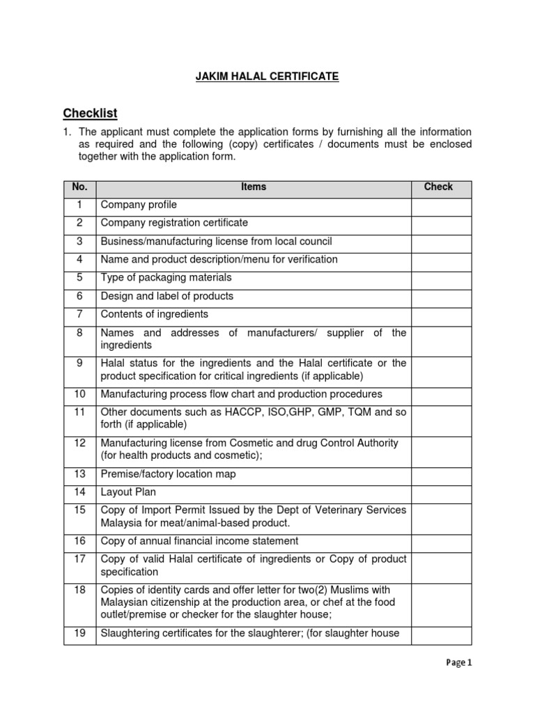 Sample Checklist of JAKIM Halal Certificate For CUSTOMER | PDF ...