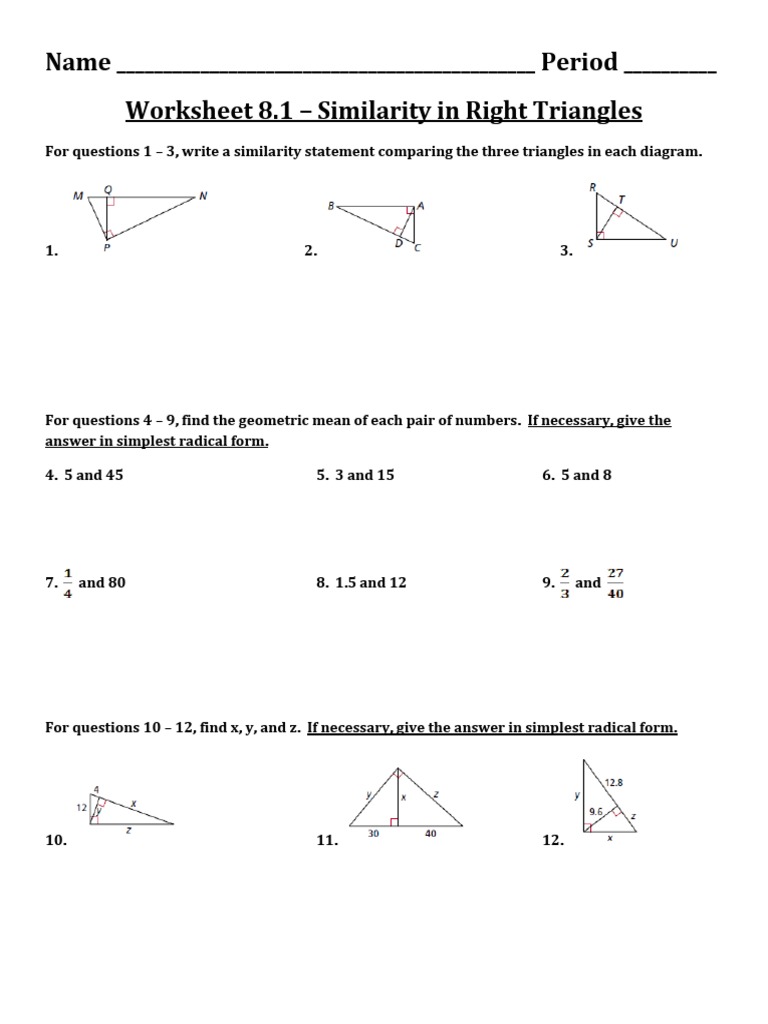 Geometric Mean and Right Triangle Similarity - Worksheet 8.1 | PDF ...