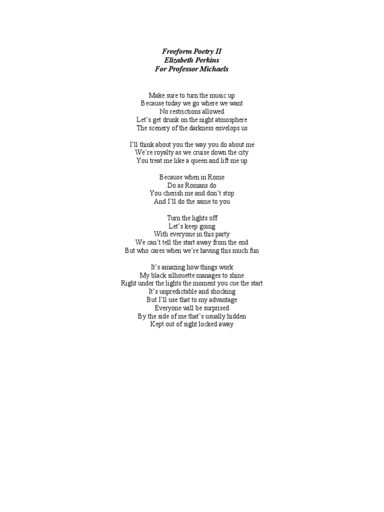 Freeform Poetry II Elizabeth Perkins For Professor Michaels | PDF