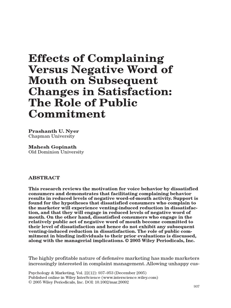 Effects of Complaining Versus Negative Word of Mouth On Subsequent ...