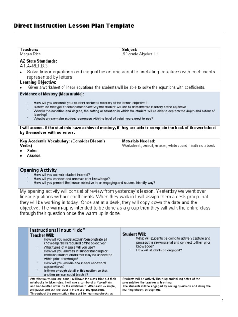 Direct Instruction Lesson Plan Template: Megan Rice 9 Grade Algebra 1.1 | PDF | Worksheet | Teachers