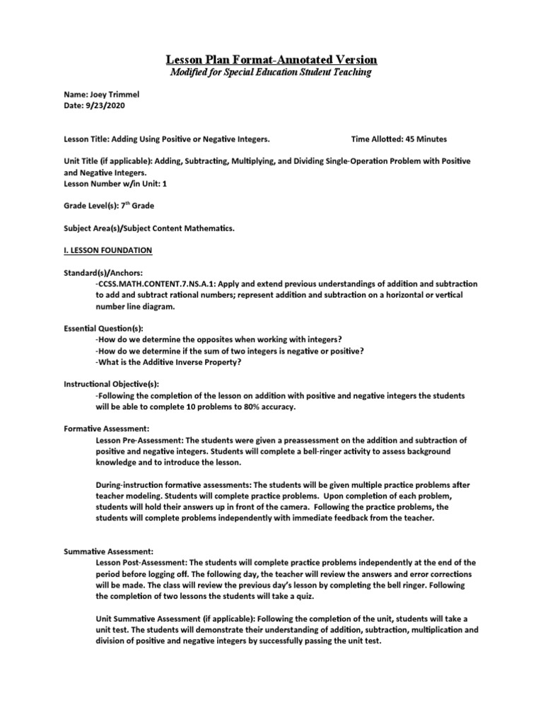 Lesson Plan Format-Annotated Version: Modified For Special Education ...