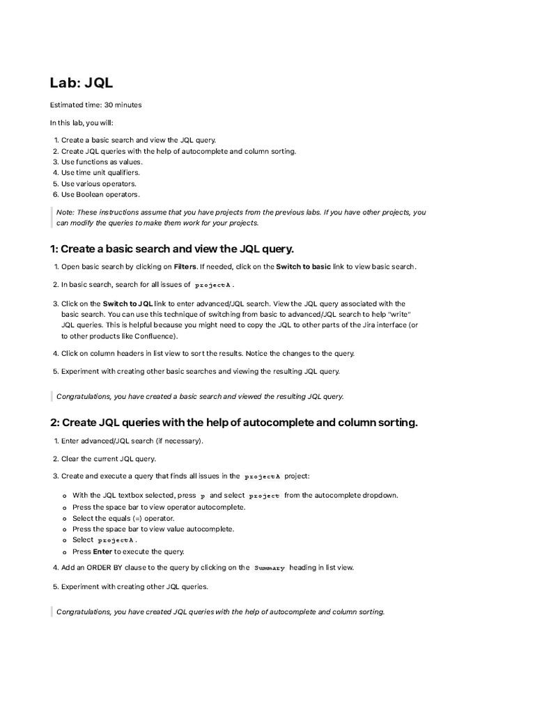 Lab: JQL: 1: Create A Basic Search and View The JQL Query | Download Free PDF | Software ...