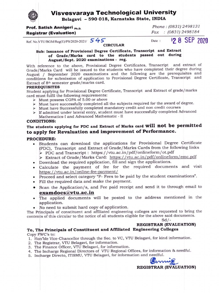 Vtu Provisional Degree Certificate Marks Card Apply | PDF