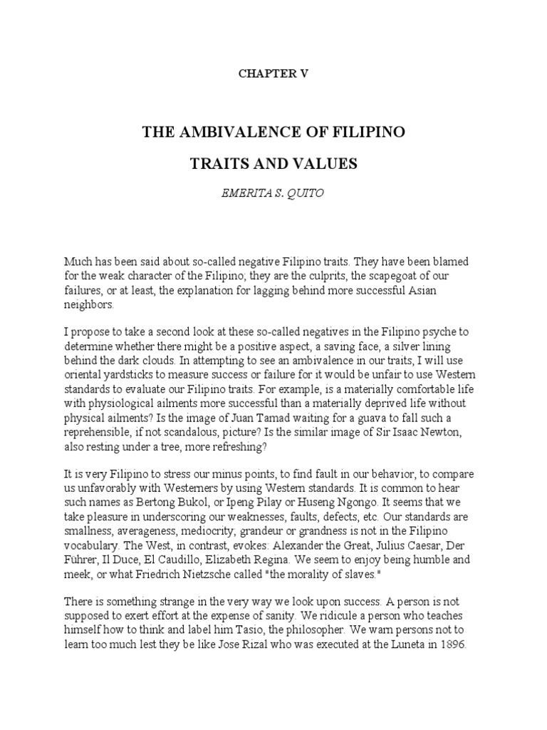 The Ambivalence of Filipino Traits and Values: Emerita S. Quito | PDF ...