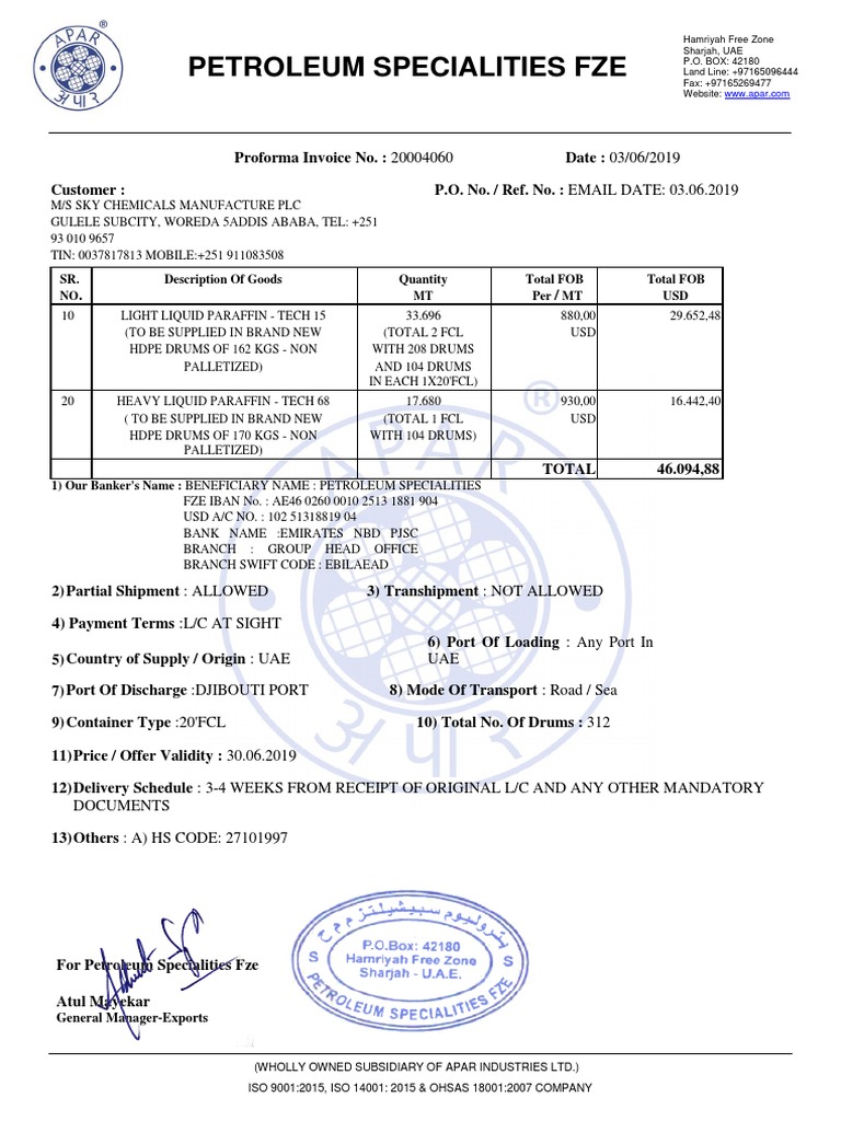Proforma Invoice for Sky Chemicals | PDF | Trade | Banking