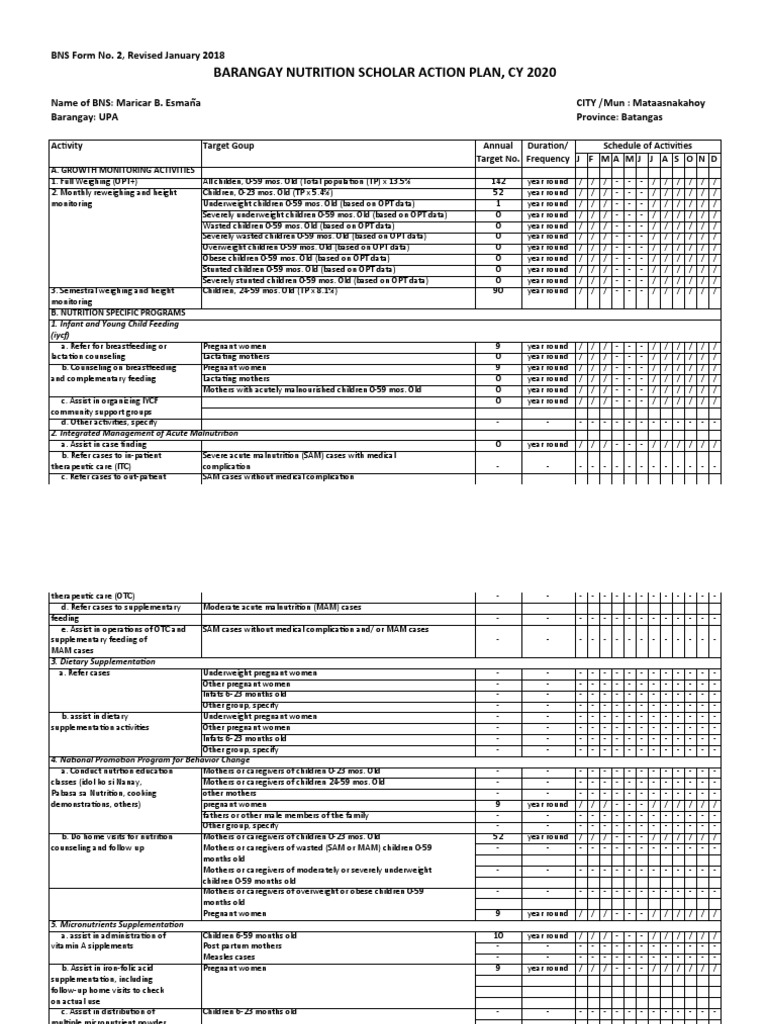 Barangay Nutrition Scholar Action Plan, Cy 2020: BNS Form No. 2, Revised January 2018 | PDF ...