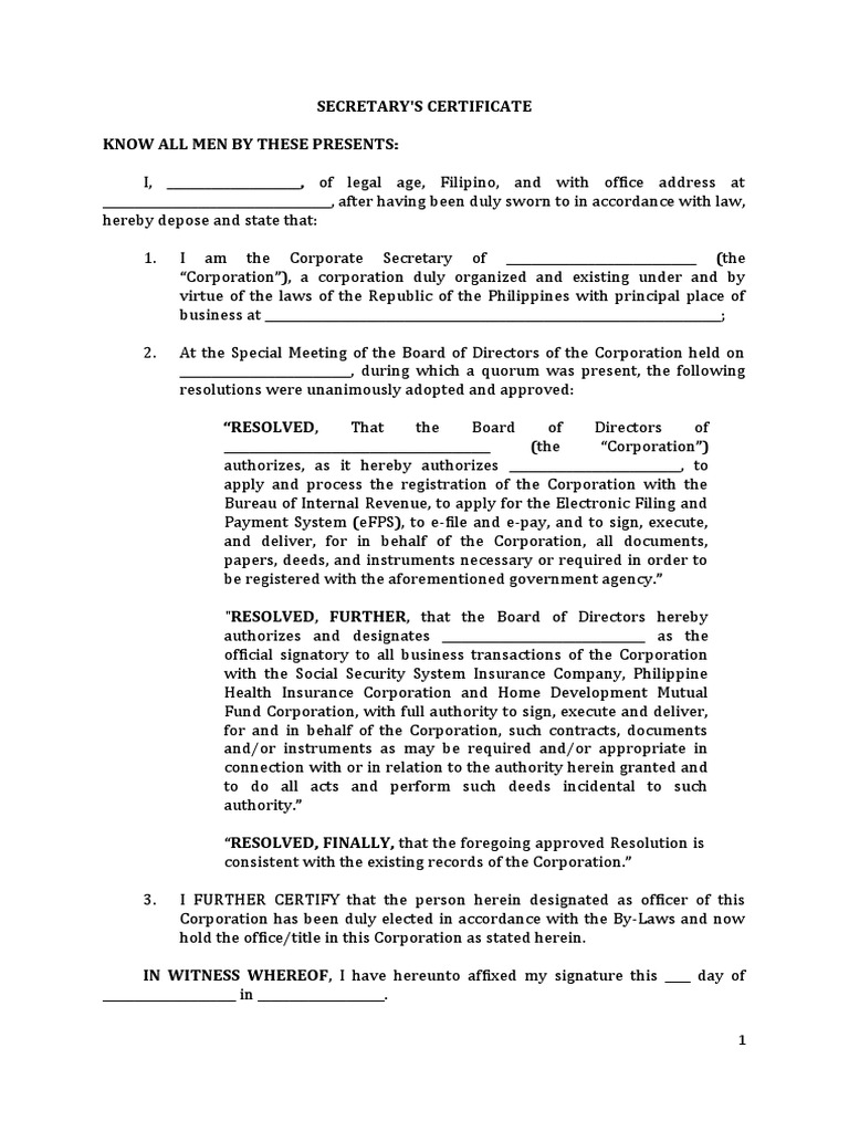 Sec. Cert. Draft For BIR, Etc | PDF | Signature | Board Of Directors