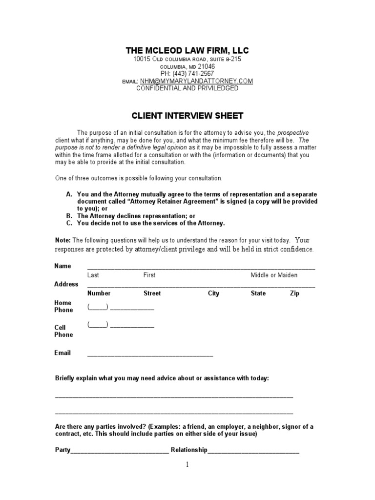 Client Interview Sheet | PDF | Lawyer | Government