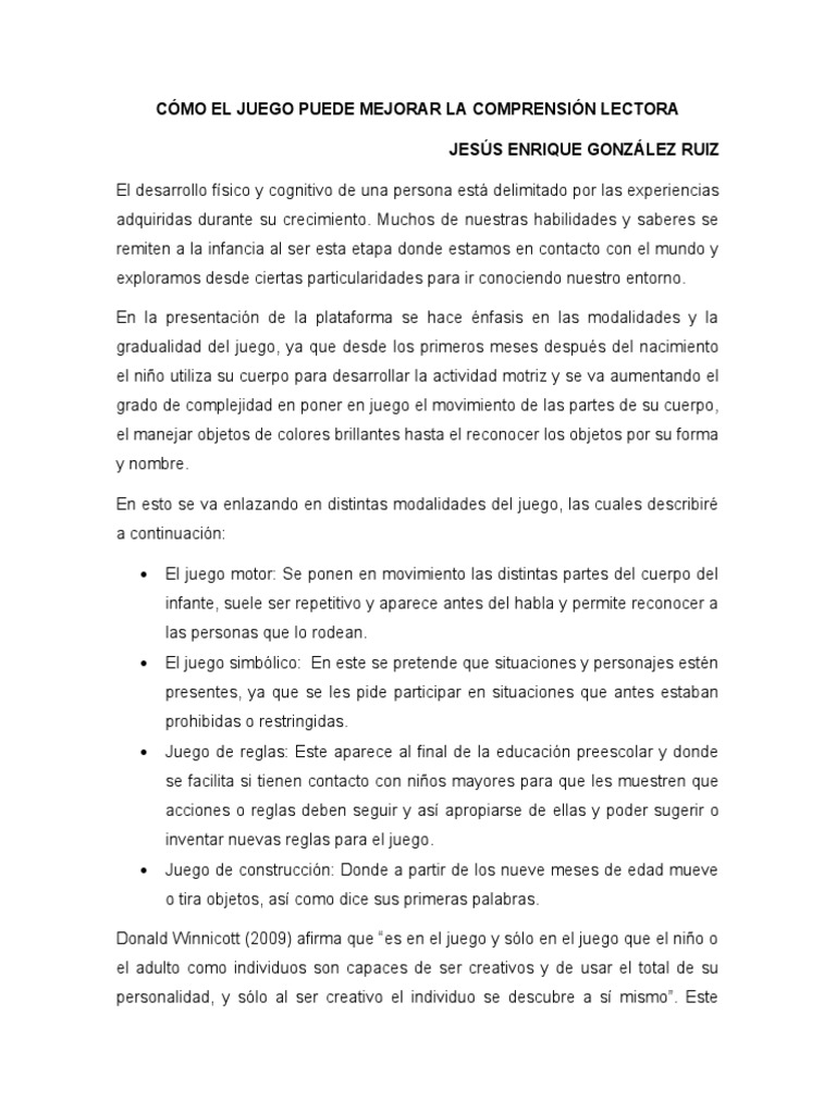 El Juego y La Comprension Lectora | PDF | Comprensión lectora ...