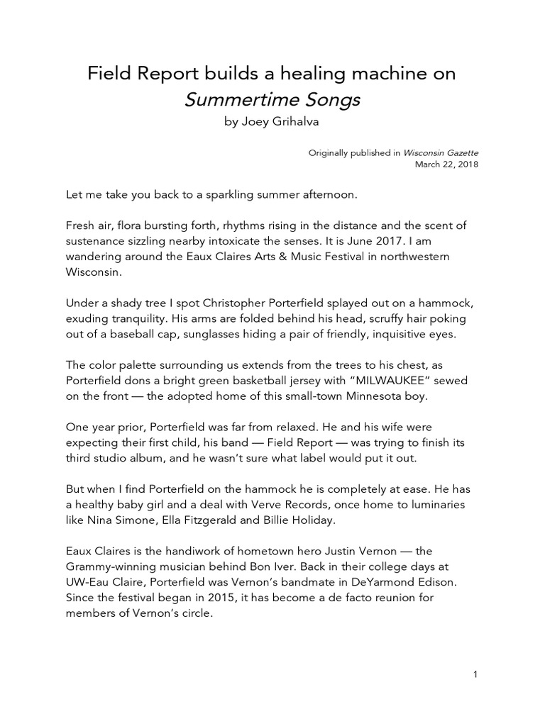 Summertime Songs: Field Report Builds A Healing Machine On | PDF ...