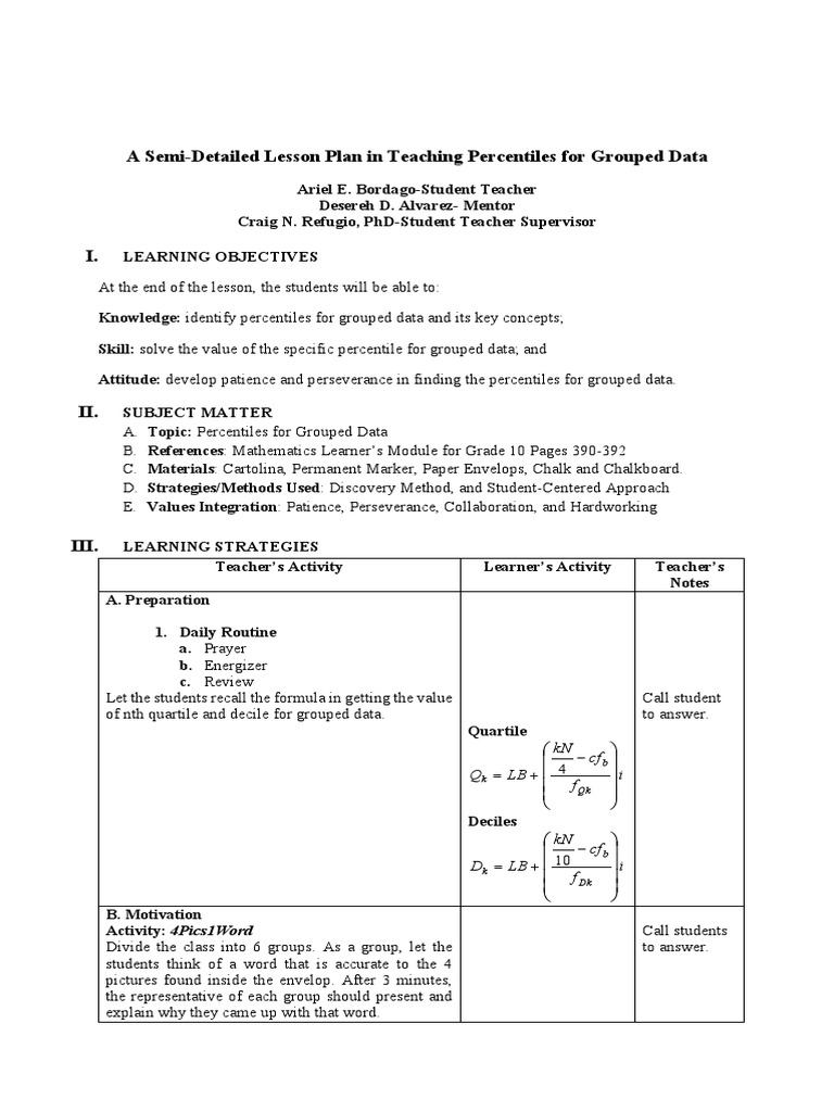 A Semi-Detailed Lesson Plan in Teaching Percentiles For Grouped Data ...