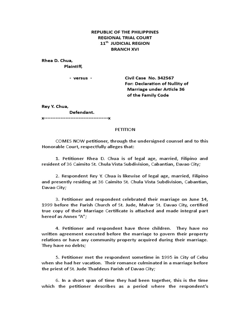 Petition For Annulment of Marriage | PDF | Common Law | Virtue