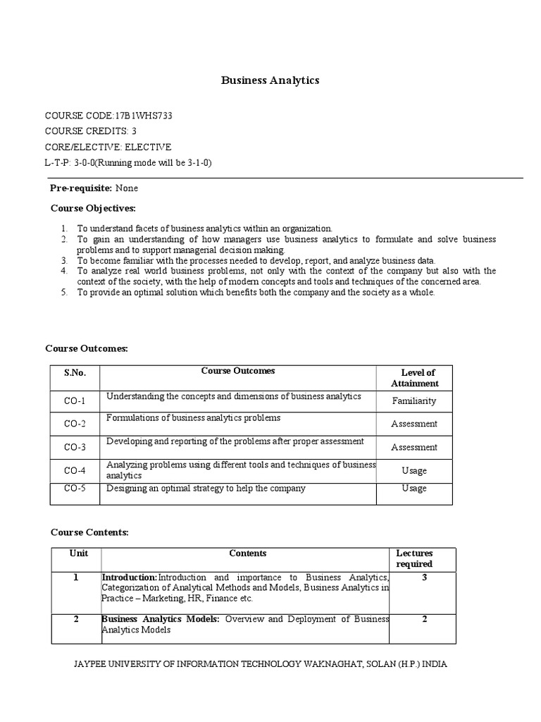 Business Analytics: Pre-Requisite: None Course Objectives | PDF ...